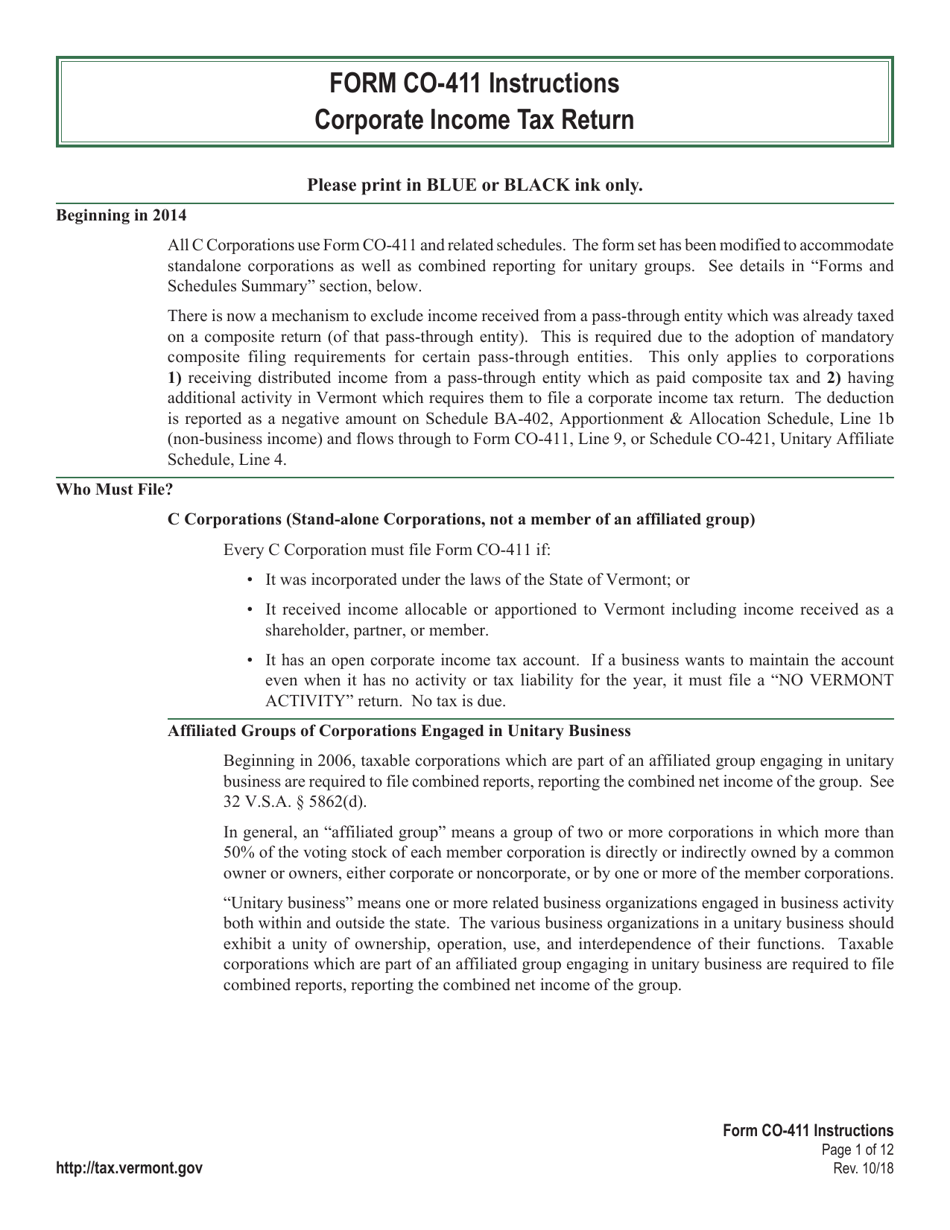 Download Instructions for VT Form CO-411 Corporate Income Tax Return ...