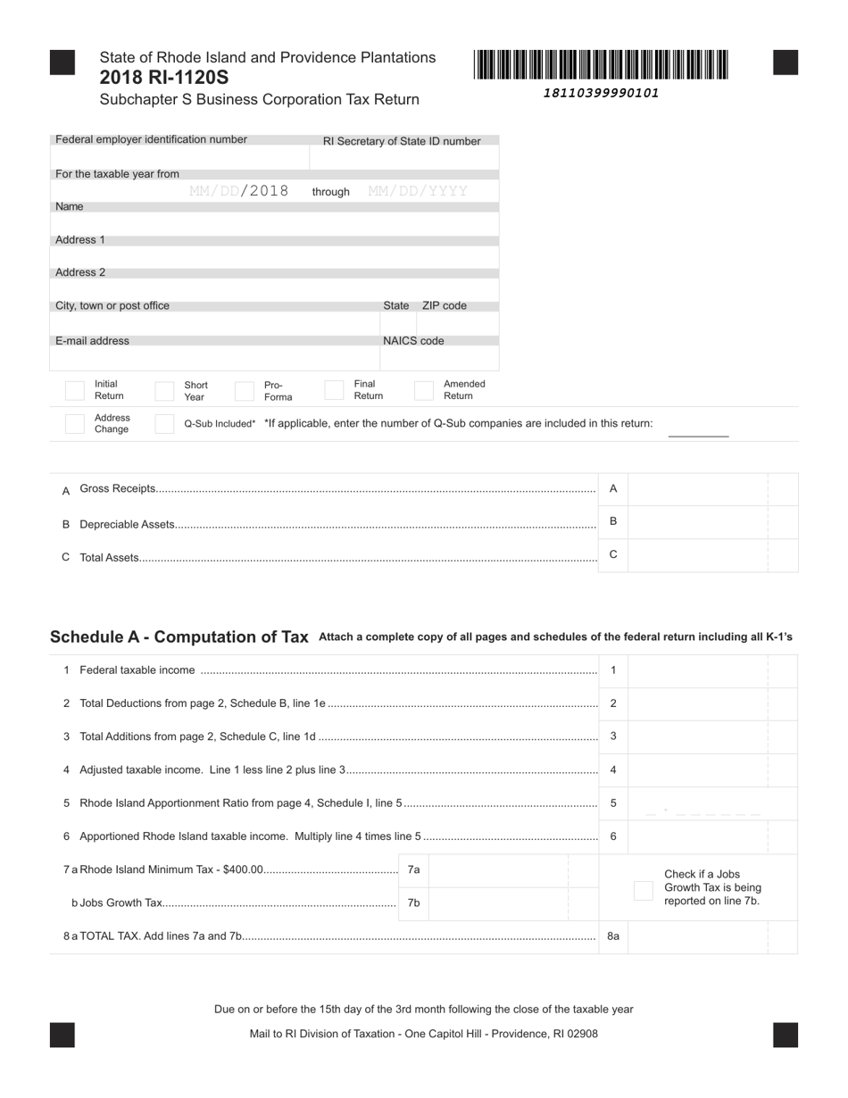 Form RI-1120S - 2018 - Fill Out, Sign Online and Download Fillable PDF ...