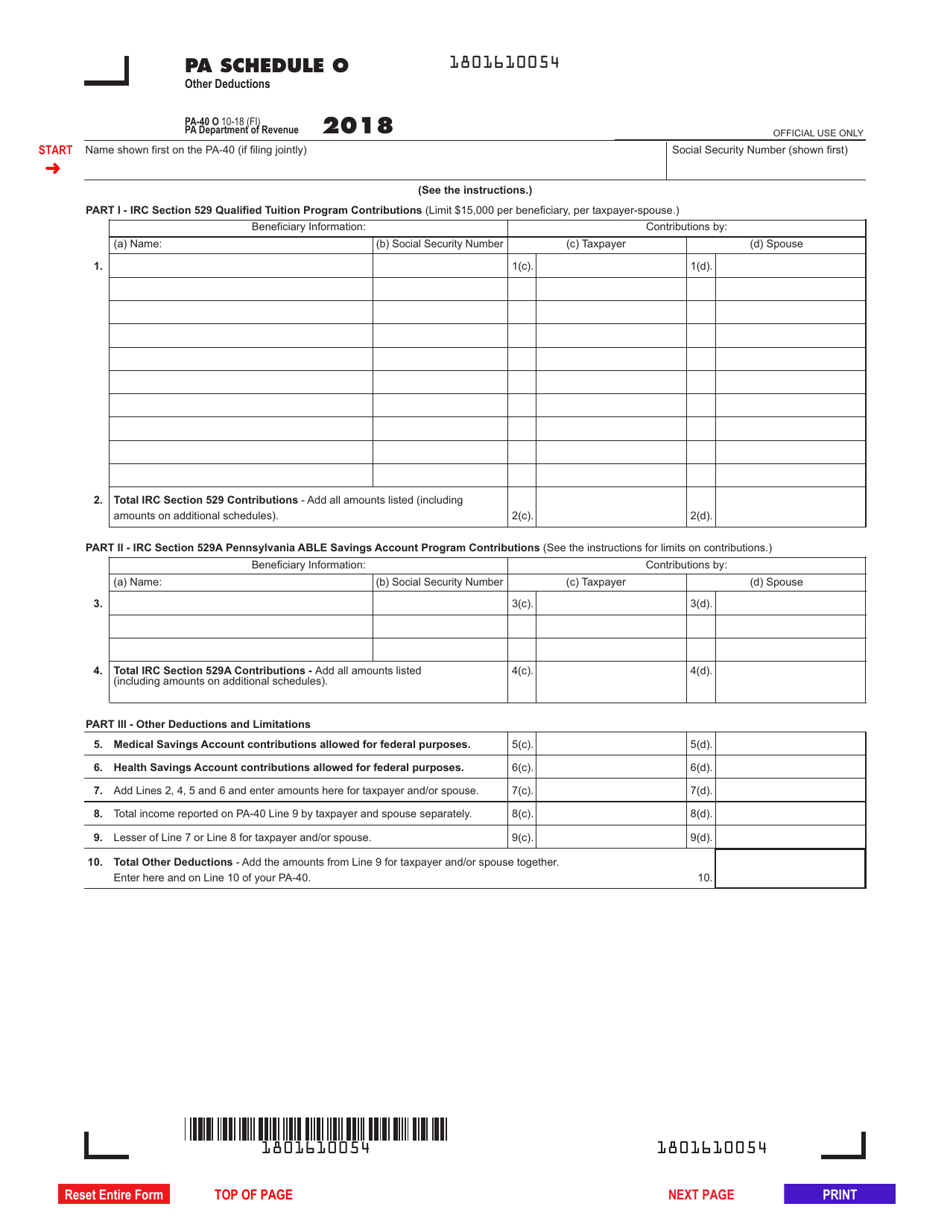 Form PA-40 Schedule O - 2018 - Fill Out, Sign Online and Download ...