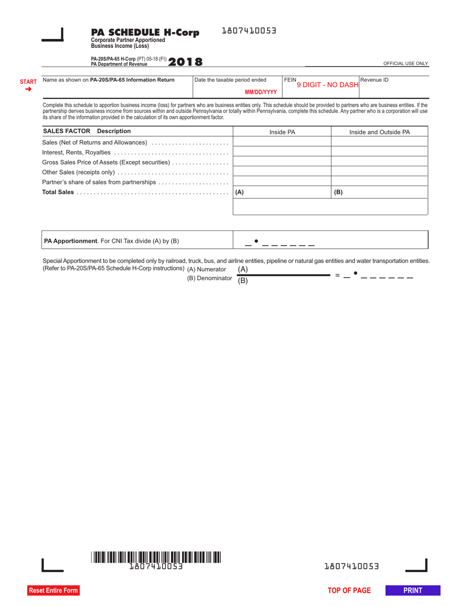 Form PA-20S (PA-65 H-CORP) Schedule H-CORP - 2018 - Fill Out, Sign ...