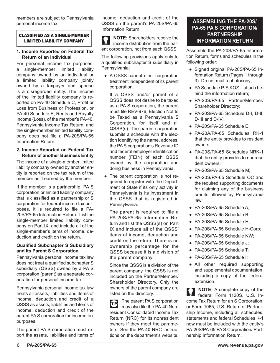 Form PA-20S (PA-65) - 2018 - Fill Out, Sign Online and Download ...