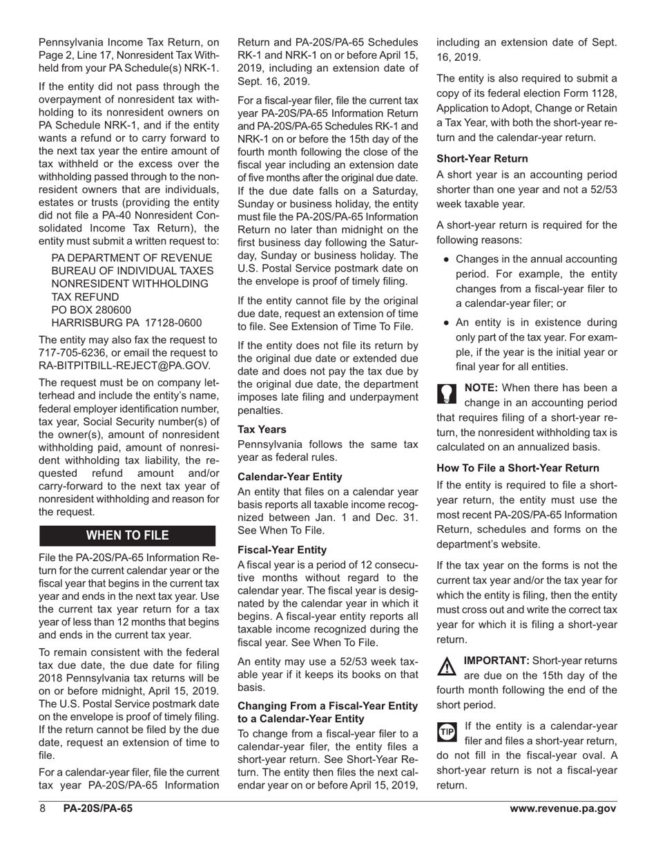Form PA-20S (PA-65) - 2018 - Fill Out, Sign Online and Download ...