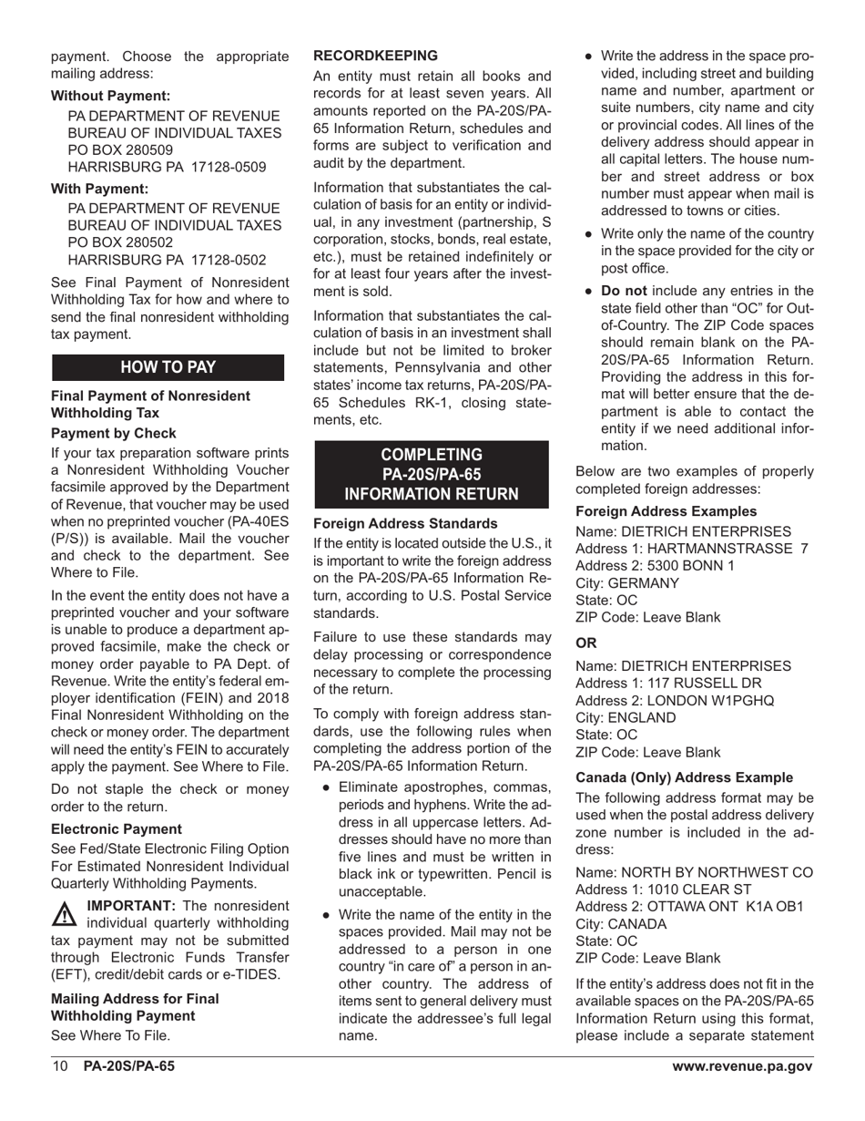 Form PA-20S (PA-65) Download Fillable PDF or Fill Online Corporation ...