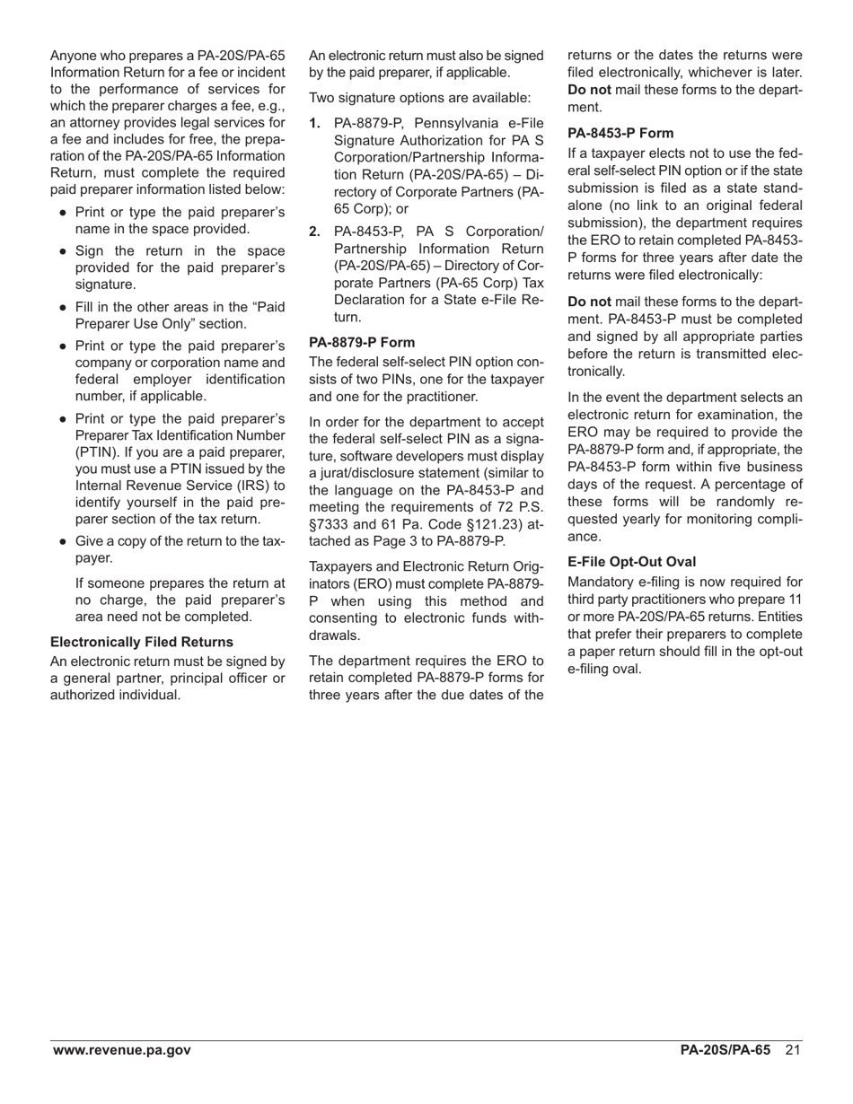 Form PA-20S (PA-65) Download Fillable PDF or Fill Online Corporation ...