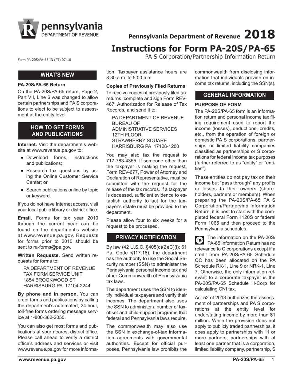 Form PA-20S (PA-65) - 2018 - Fill Out, Sign Online and Download ...