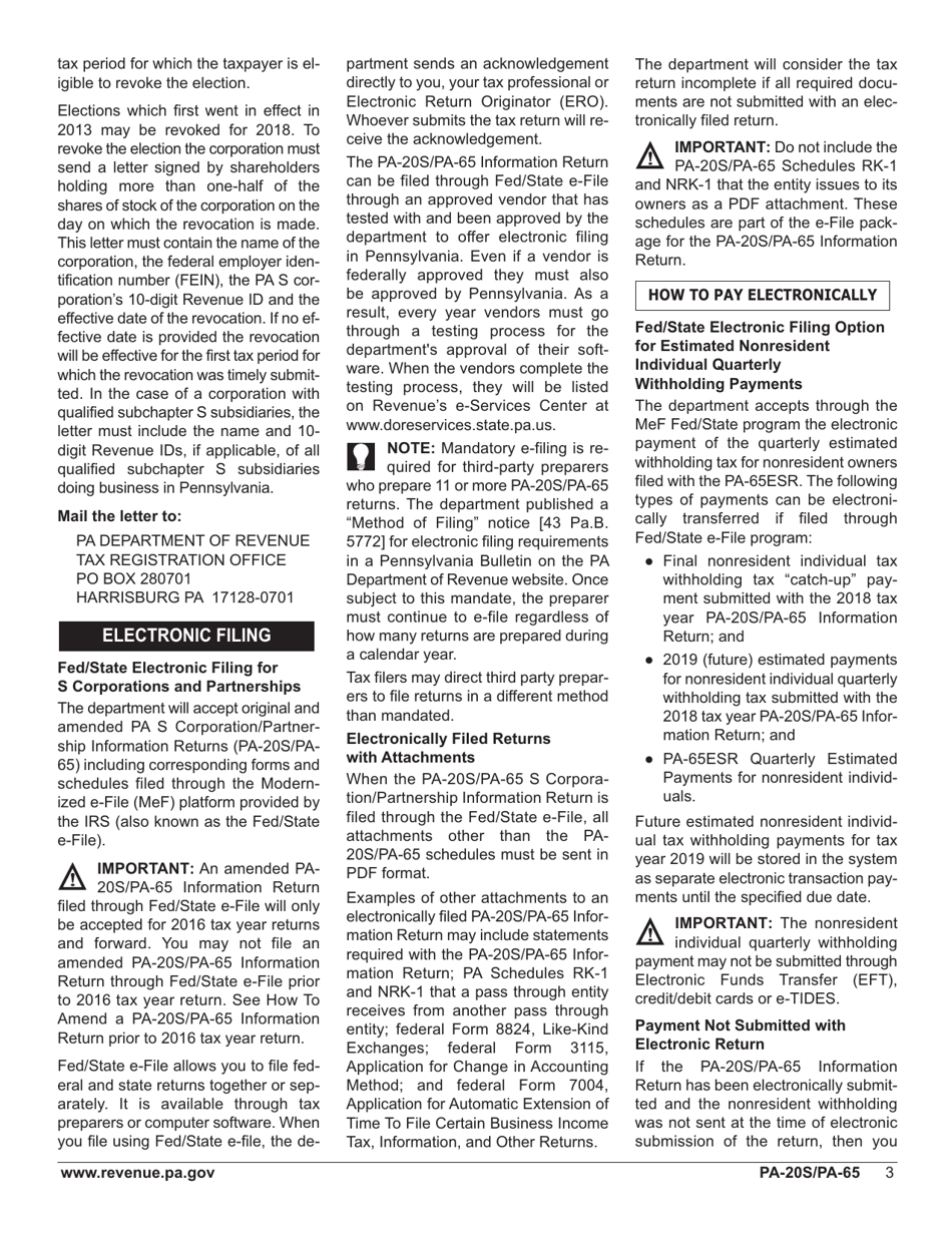 Form PA-20S (PA-65) - 2018 - Fill Out, Sign Online and Download ...