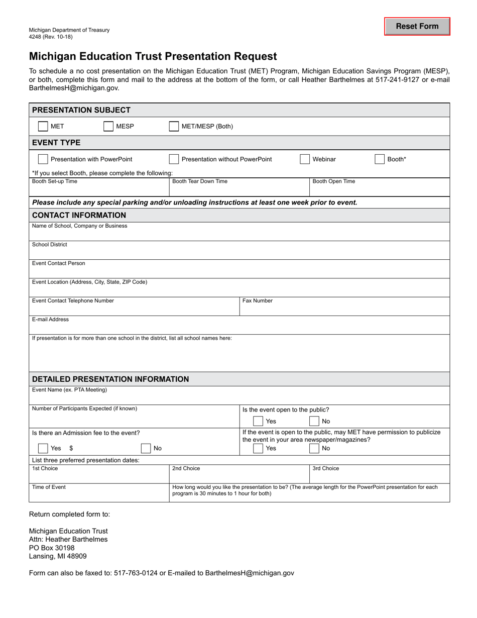 Form 4248 Download Fillable PDF or Fill Online Michigan Education Trust ...