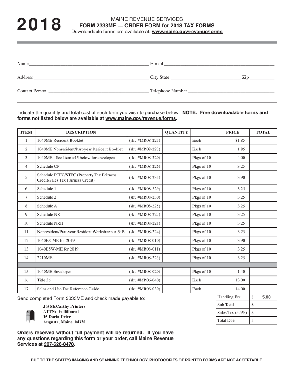 Form 2333ME Download Printable PDF or Fill Online Order Form for Tax ...