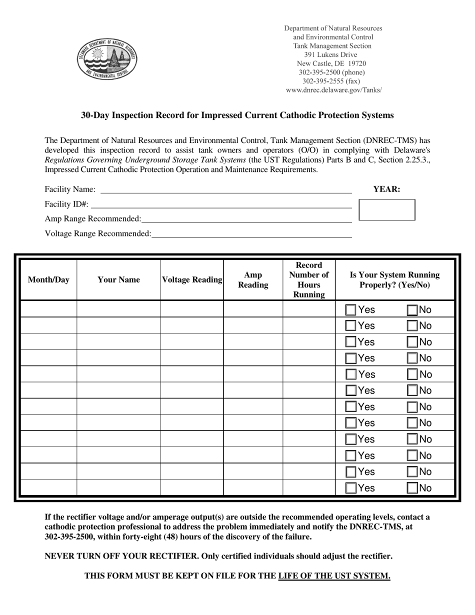 Delaware 30-day Inspection Record for Impressed Current Cathodic ...