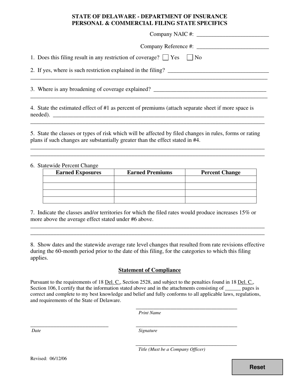 Delaware Personal & Commercial Filing State Specifics Form - Fill Out ...
