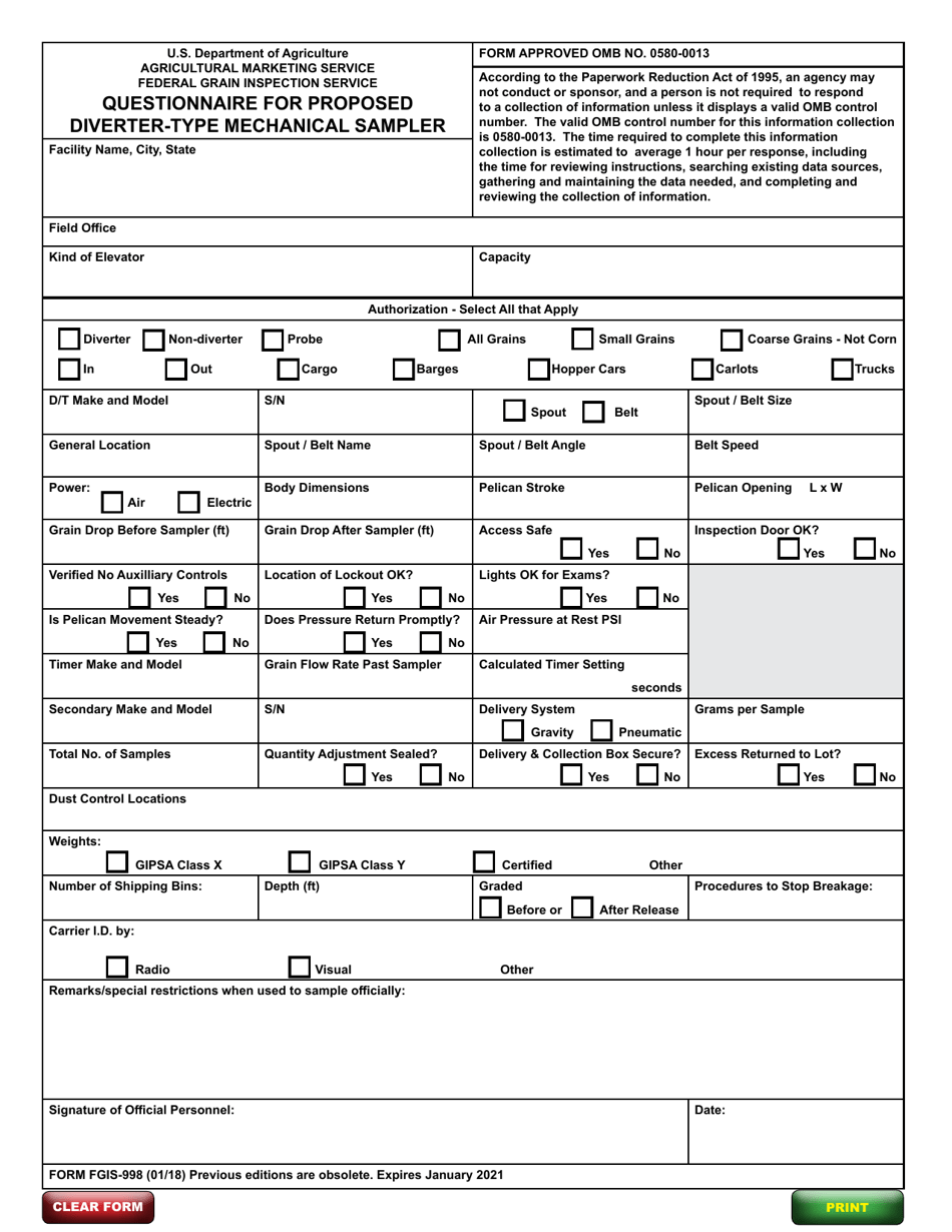 Form FGIS-998 Download Fillable PDF or Fill Online Questionnaire for ...