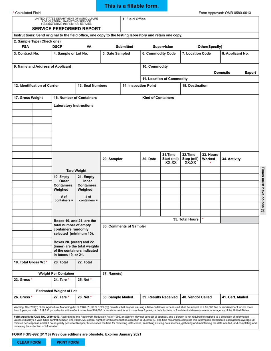 Form FGIS-992 - Fill Out, Sign Online and Download Fillable PDF ...