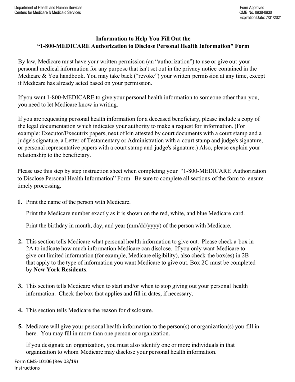 Form CMS-10106 Download Fillable PDF or Fill Online 1-800-medicare Authorization to Disclosure ...