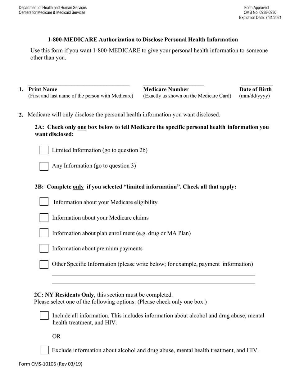 Form CMS-10106 Download Fillable PDF or Fill Online 1-800-medicare Authorization to Disclosure ...