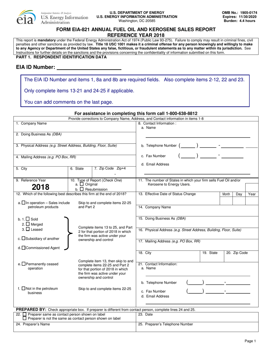 Form EIA-821 - 2018 - Fill Out, Sign Online and Download Fillable PDF ...