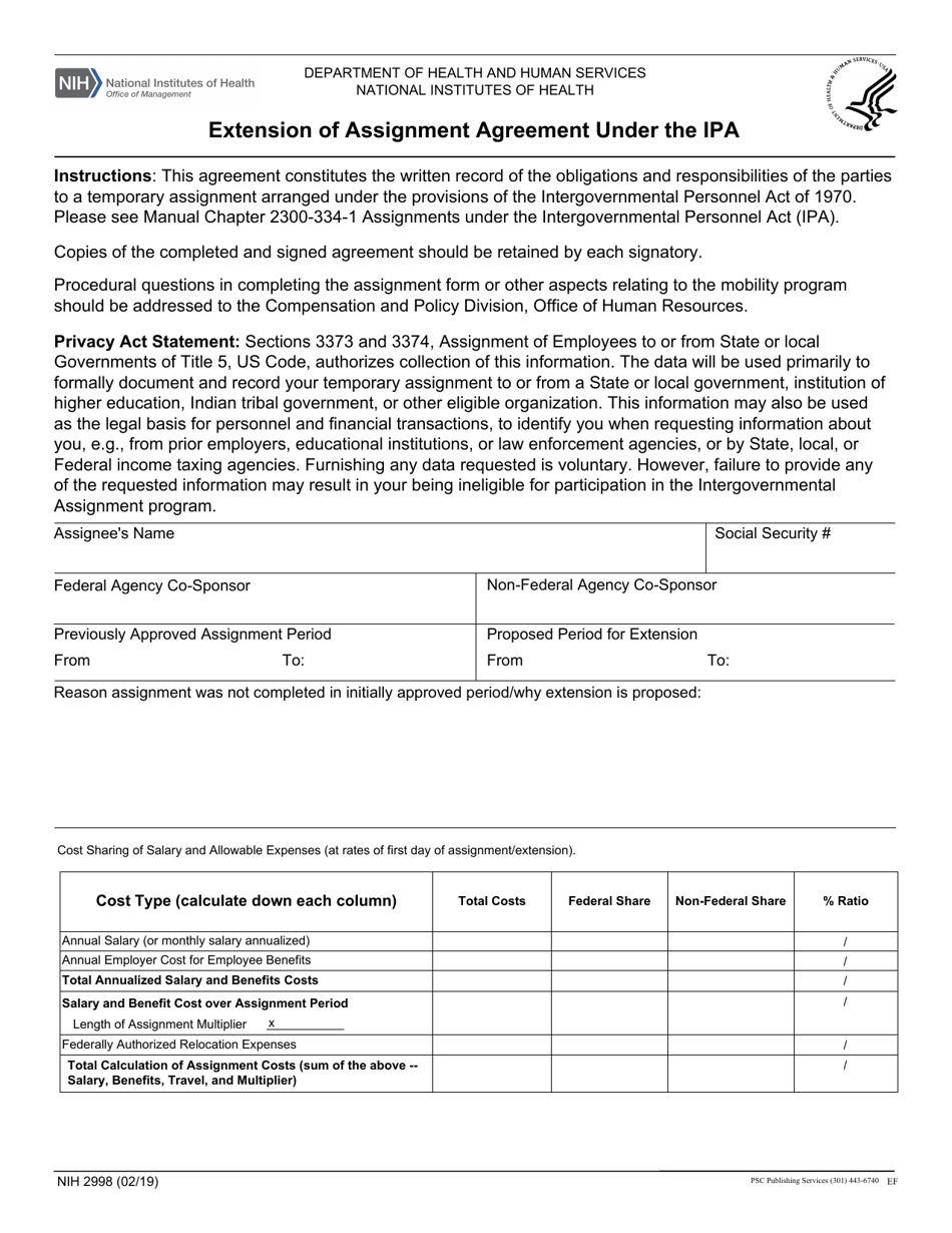 Form NIH2998 Download Fillable PDF or Fill Online Extension of ...
