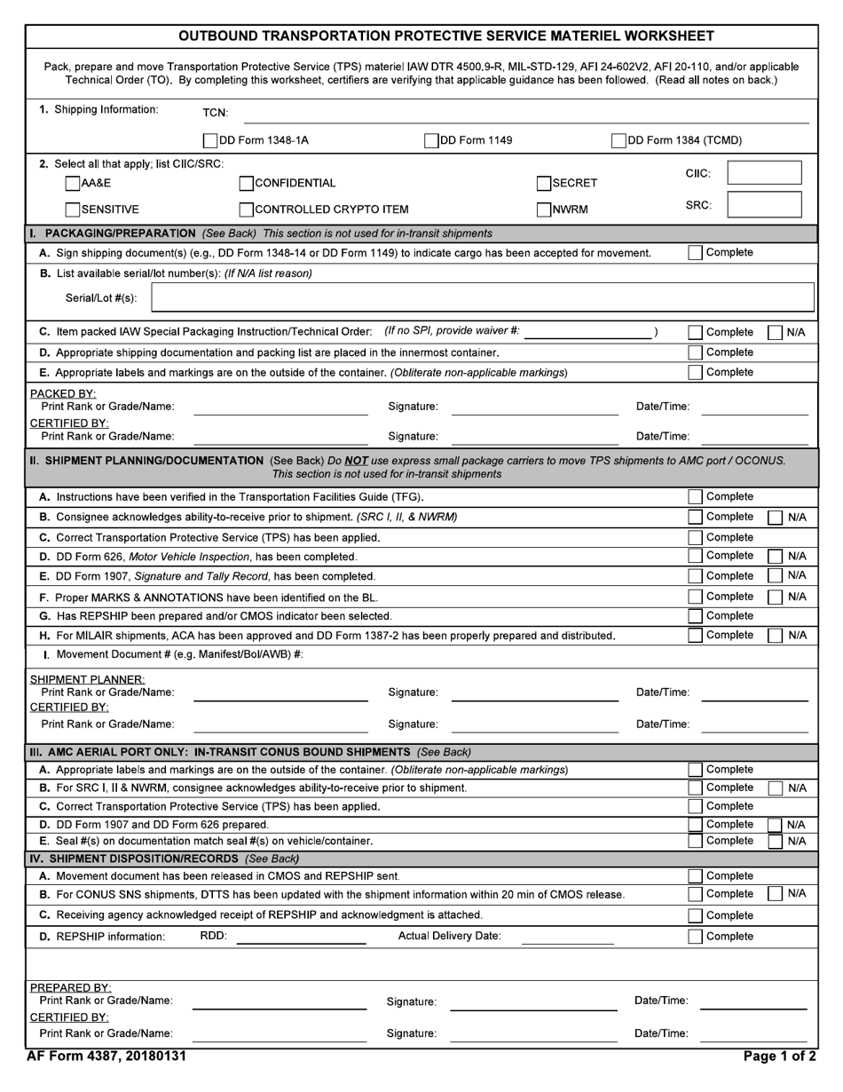 AF Form 4387 - Fill Out, Sign Online and Download Fillable PDF ...