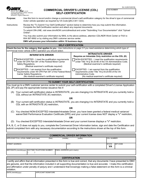 Form DL8 Download Fillable PDF or Fill Online Commercial Driver's License ( Cdl) Self-certification Virginia | Templateroller