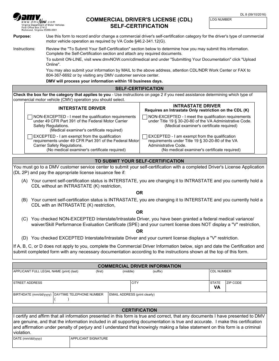 Form DL8 Download Fillable PDF or Fill Online Commercial Driver's License ( Cdl) Self-certification Virginia | Templateroller
