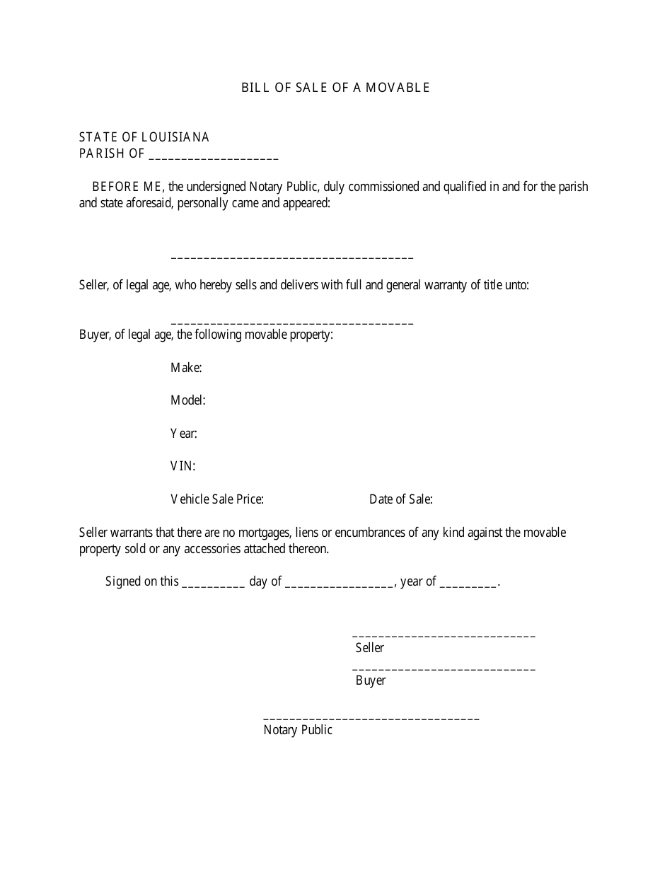 Louisiana Bill Of Sale Of A Movable Fill Out Sign Online And 