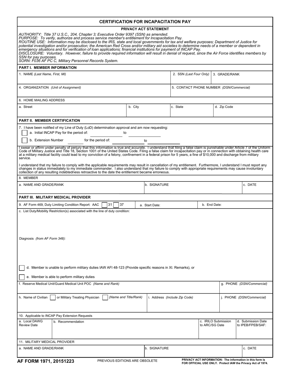 AF Form 1971 - Fill Out, Sign Online and Download Fillable PDF ...