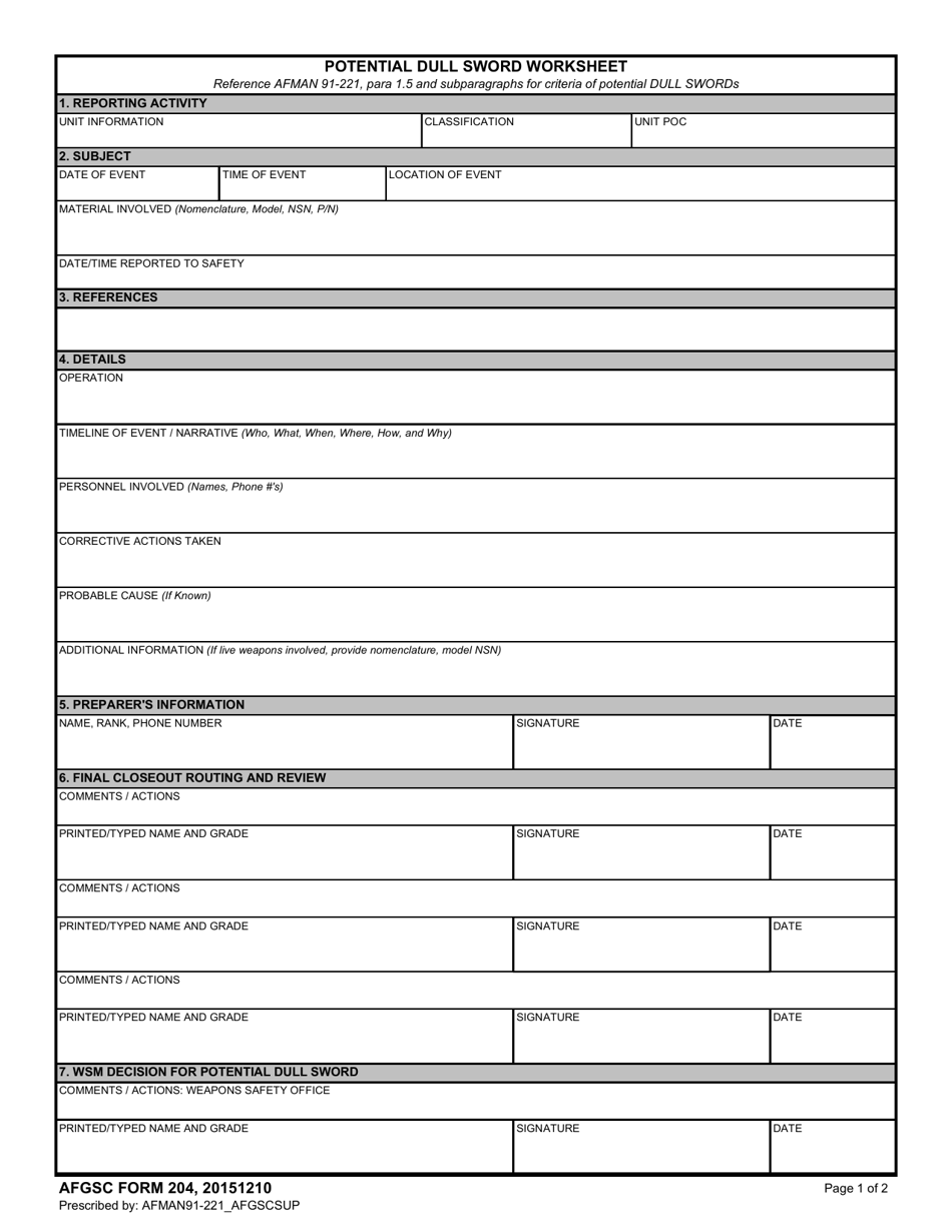 AFGSC Form 204 - Fill Out, Sign Online and Download Fillable PDF ...