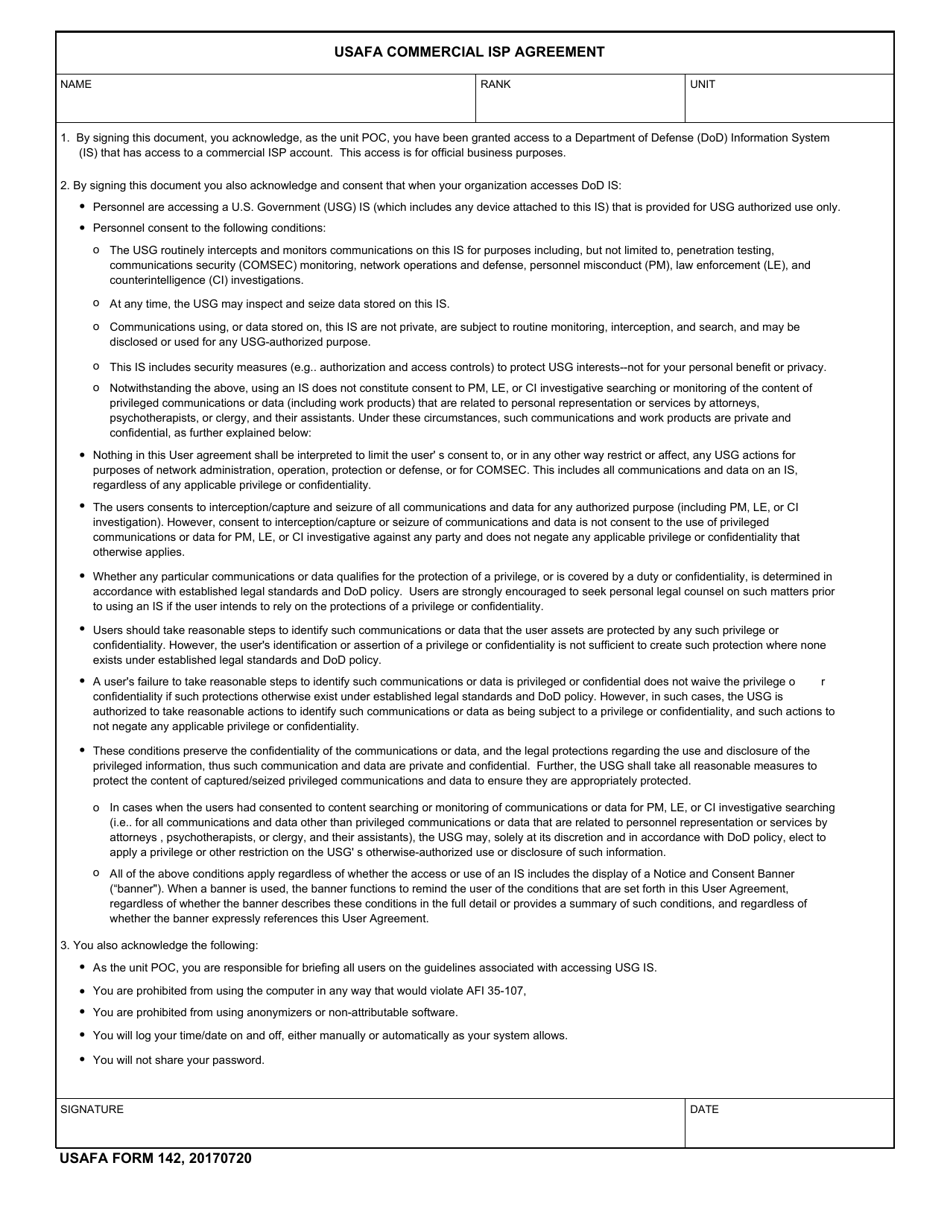 USAFA Form 142 - Fill Out, Sign Online and Download Printable PDF ...