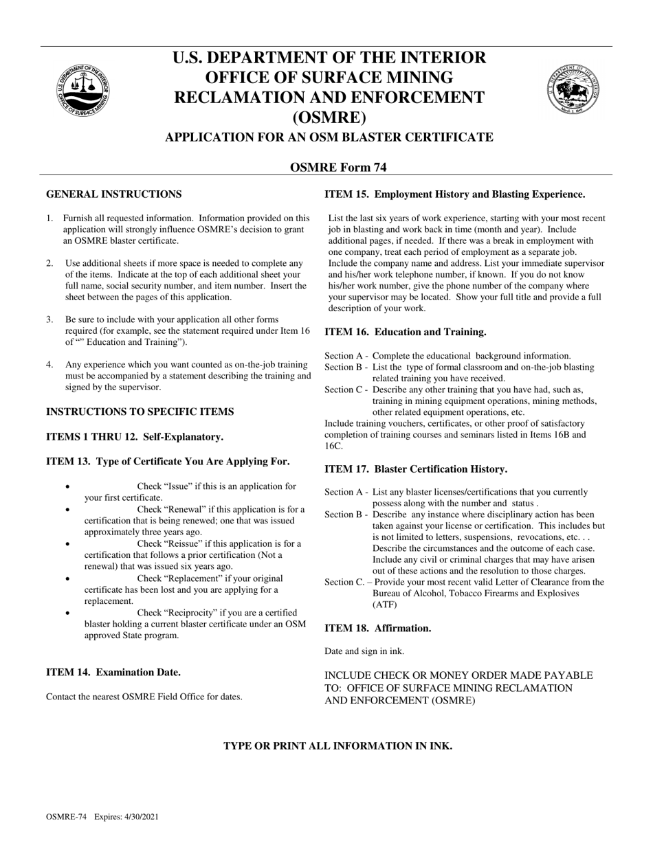 OSMRE Form 74 - Fill Out, Sign Online and Download Printable PDF ...