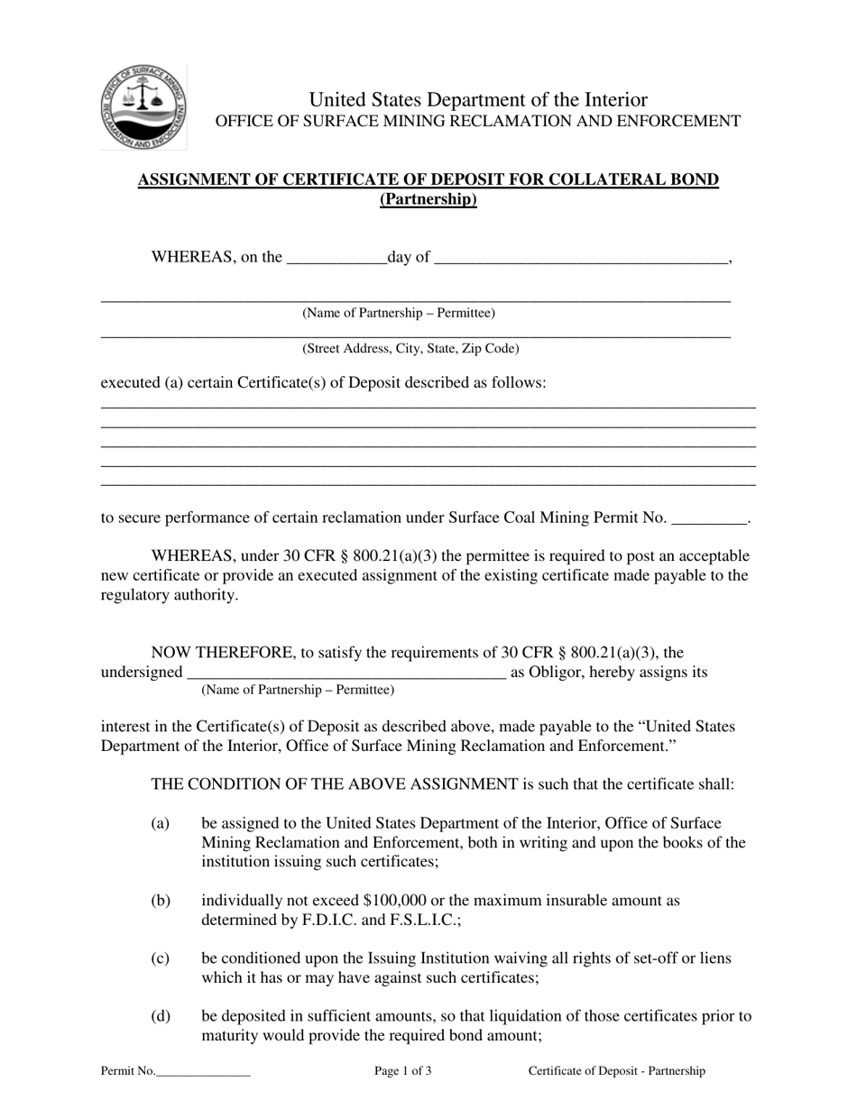 Assignment of Certification of Deposit for Collateral Bond (Partnership ...