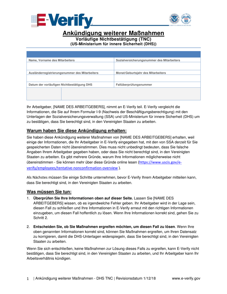 Further Action Notice - Tentative Nonconfirmation (Tnc) (German) - Fill ...