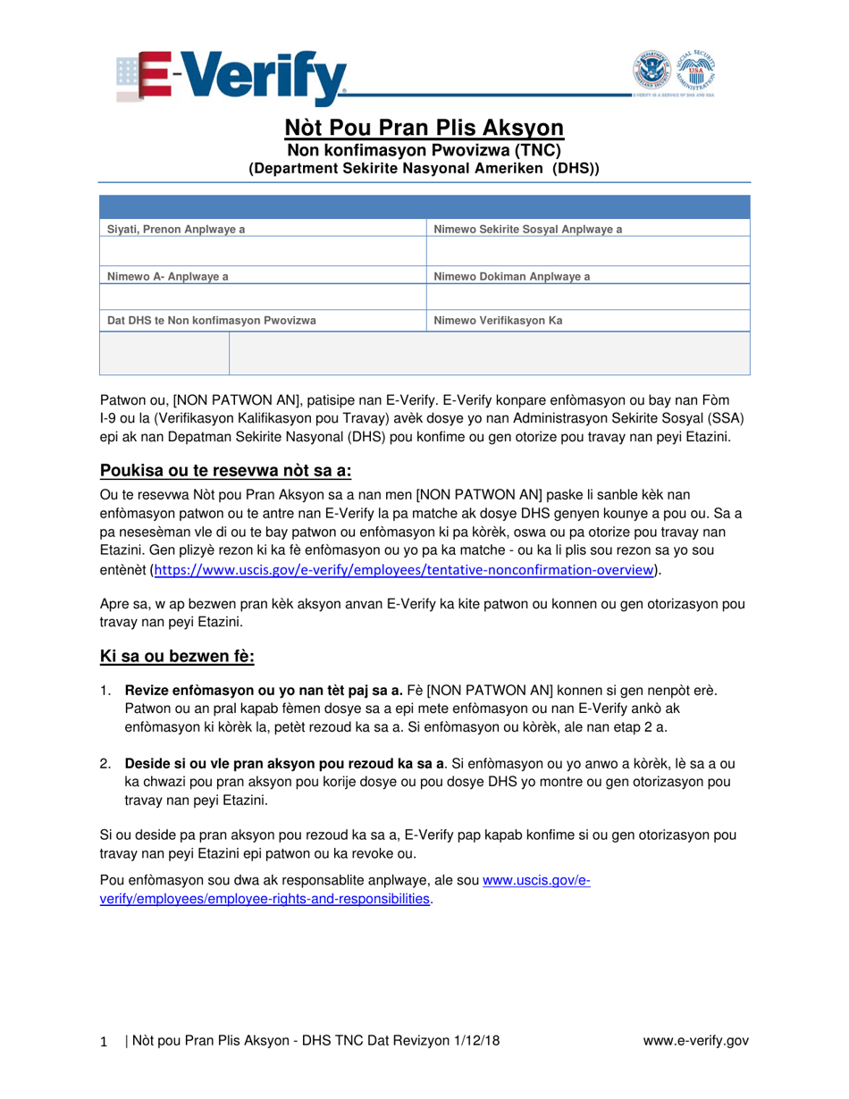 Further Action Notice - Tentative Nonconfirmation (Tnc) - Fill Out ...