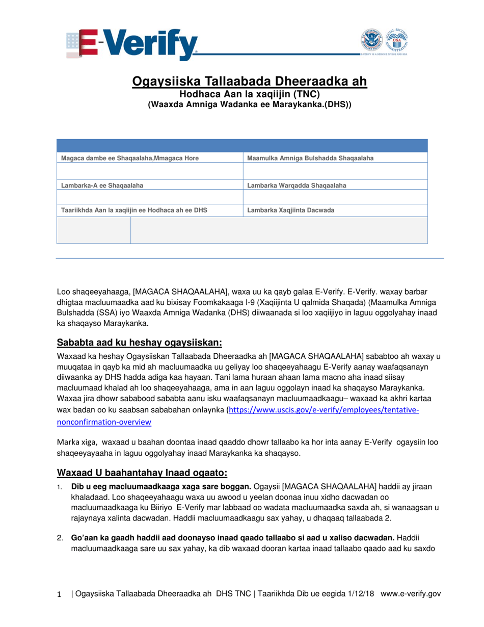 Further Action Notice Tentative Nonconfirmation (Tnc) (Somali) - Fill ...