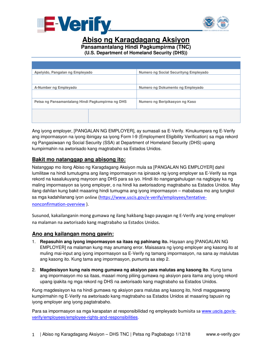 Further Action Notice Tentative Nonconfirmation (Tnc) (Tagalog) - Fill ...