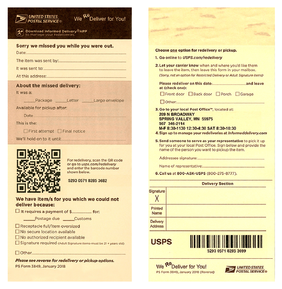 PS Form 3849 Download Printable PDF or Fill Online Delivery Notice ...