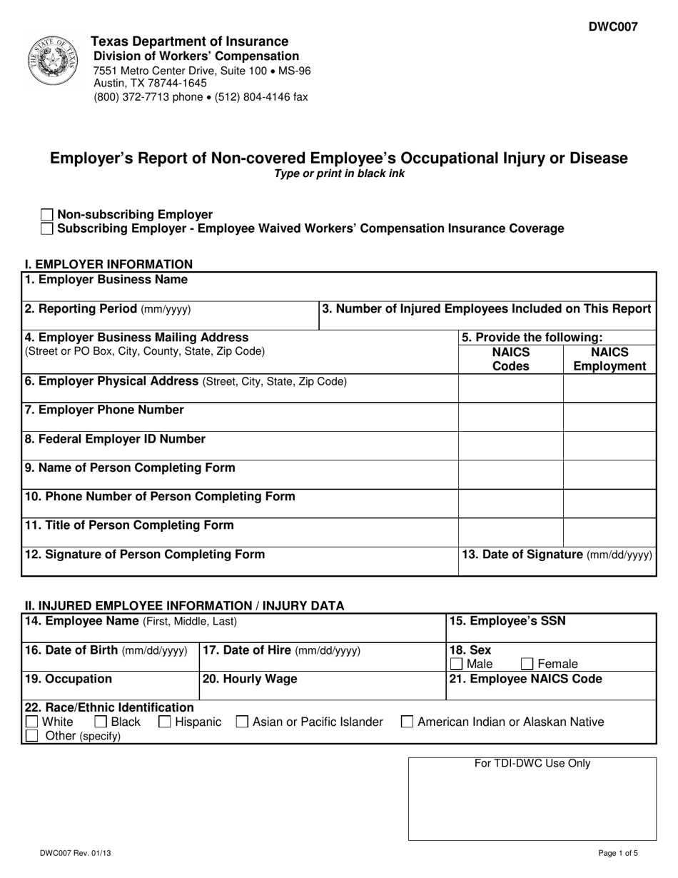 Form DWC007 - Fill Out, Sign Online and Download Fillable PDF, Texas ...