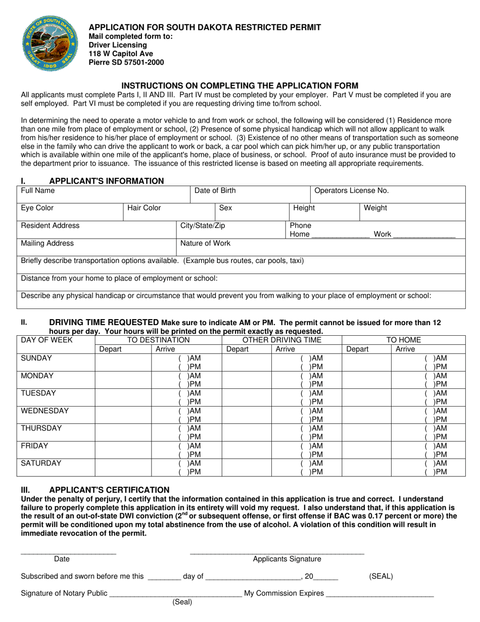 South Dakota Application for South Dakota Restricted Permit - Fill Out ...