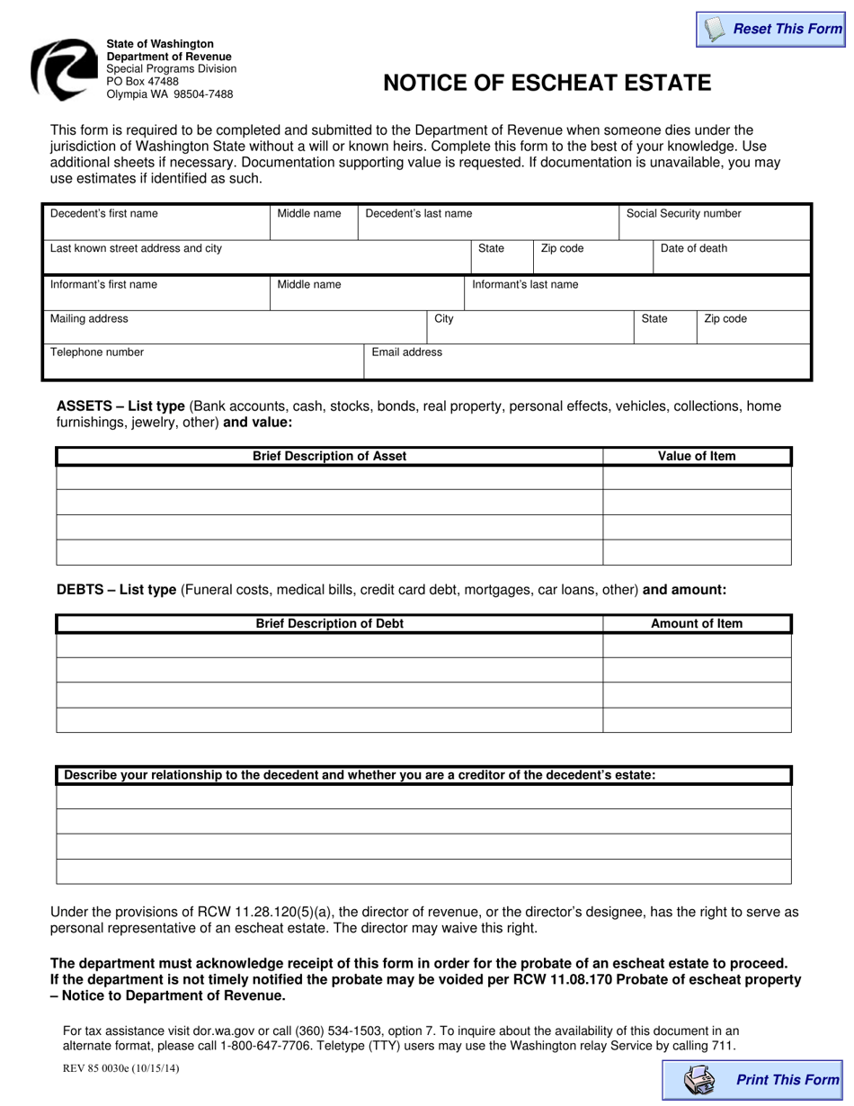 Form REV85 0030E - Fill Out, Sign Online and Download Fillable PDF ...