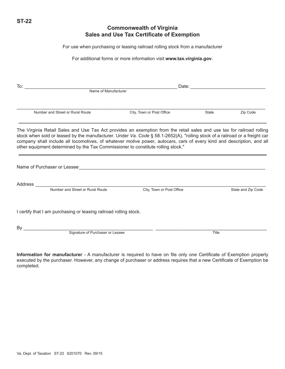 Form ST-22 - Fill Out, Sign Online and Download Fillable PDF, Virginia ...