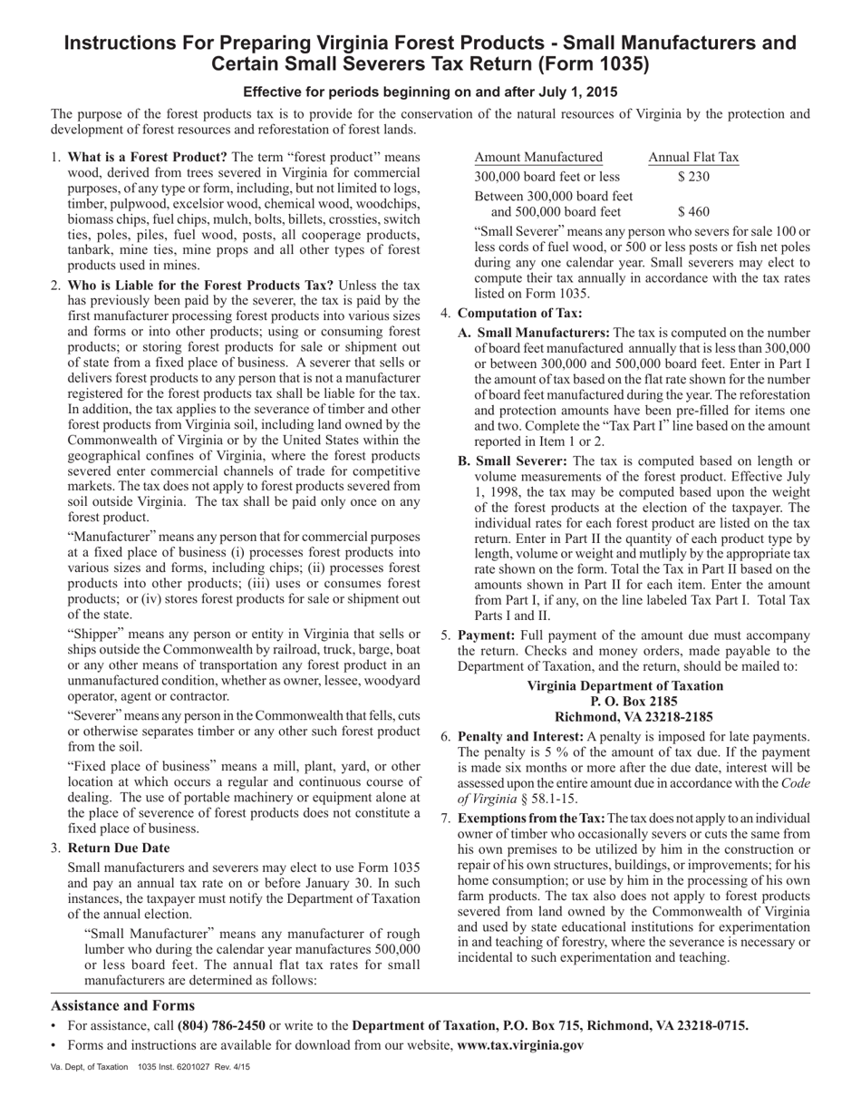 Download Instructions for Form 1035 Forest Product Tax Return - Small ...