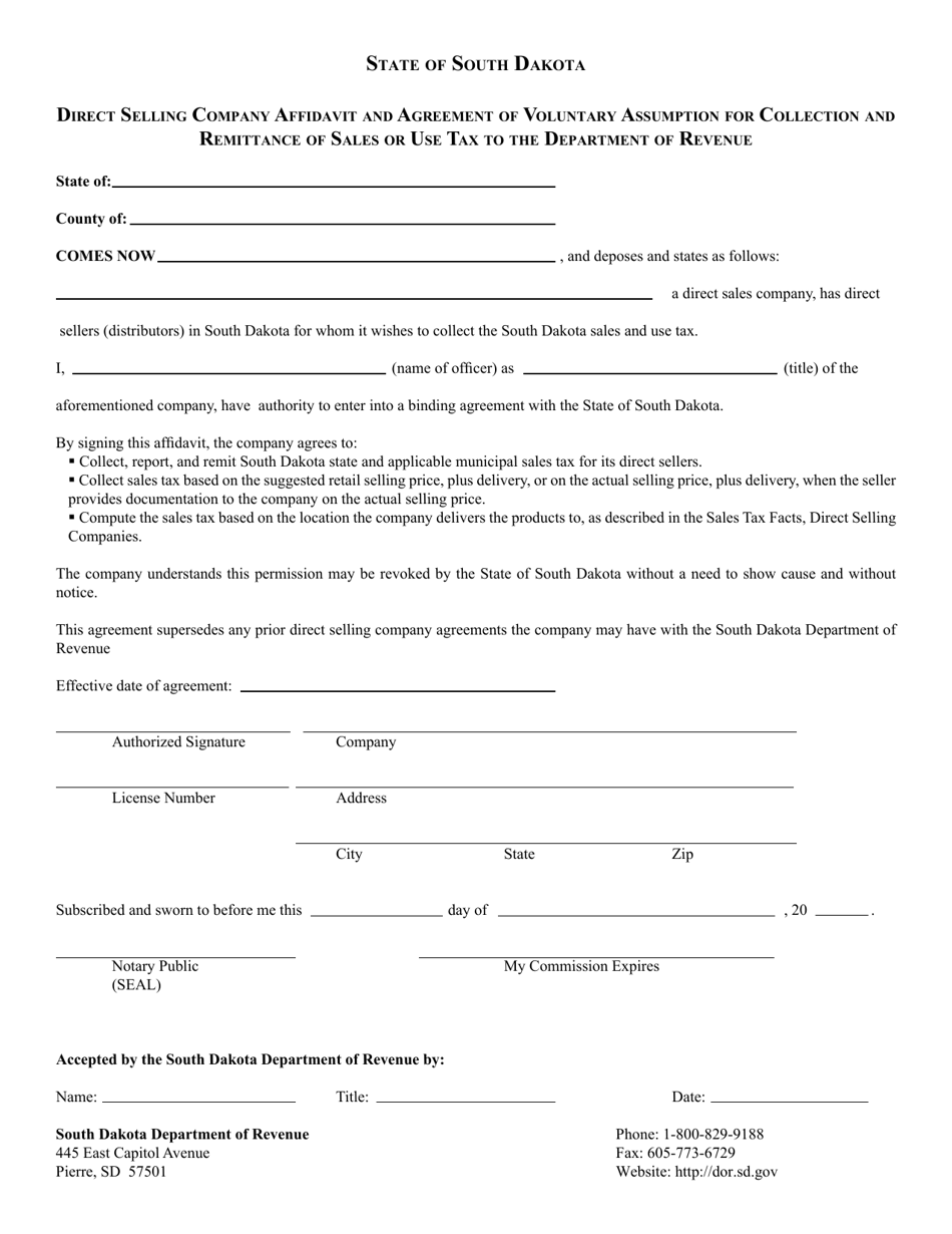 South Dakota Direct Selling Company Affidavit and Agreement of ...