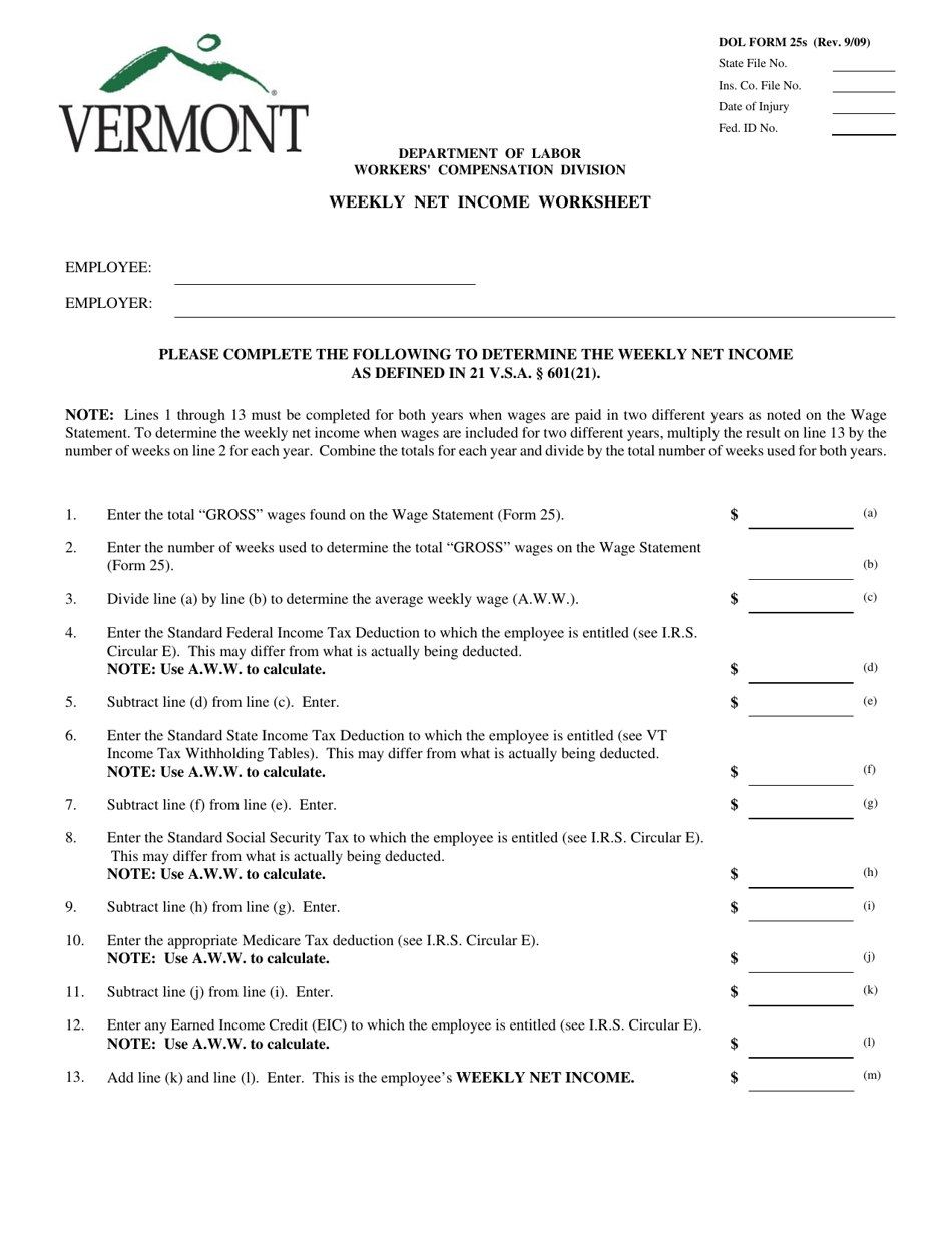 DOL Form 25S - Fill Out, Sign Online and Download Fillable PDF, Vermont ...