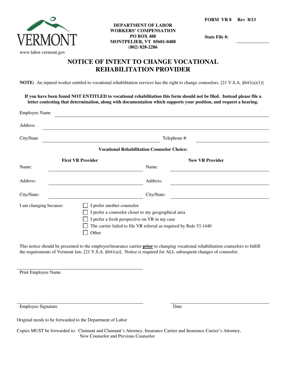 Form VR8 - Fill Out, Sign Online and Download Fillable PDF, Vermont ...