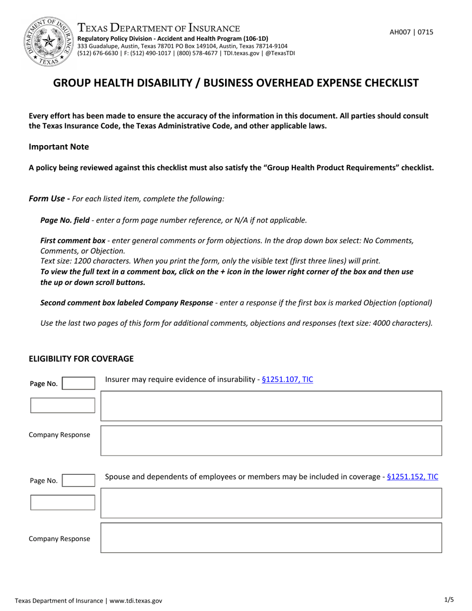 Form AH007 - Fill Out, Sign Online and Download Fillable PDF, Texas ...