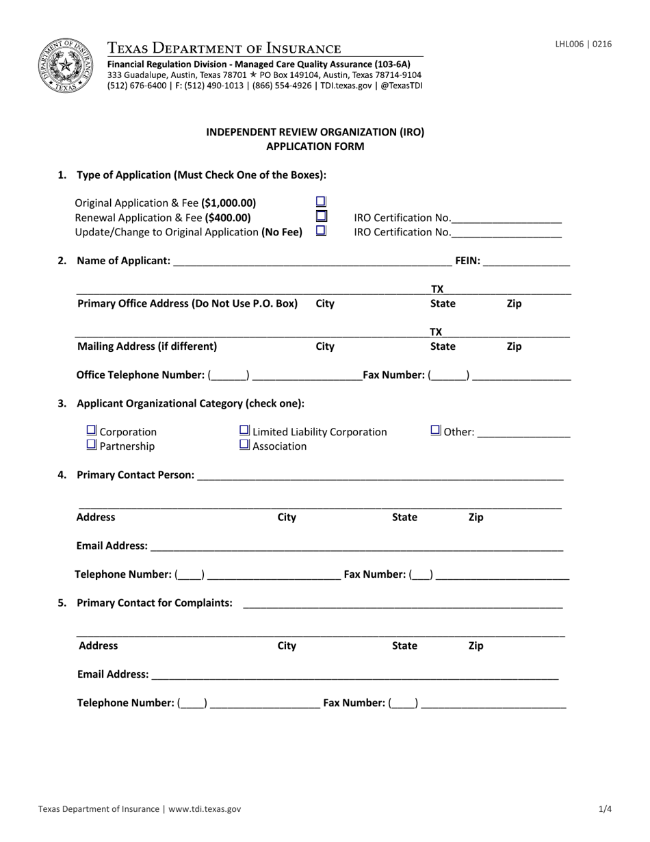 Form LHL006 - Fill Out, Sign Online and Download Fillable PDF, Texas ...