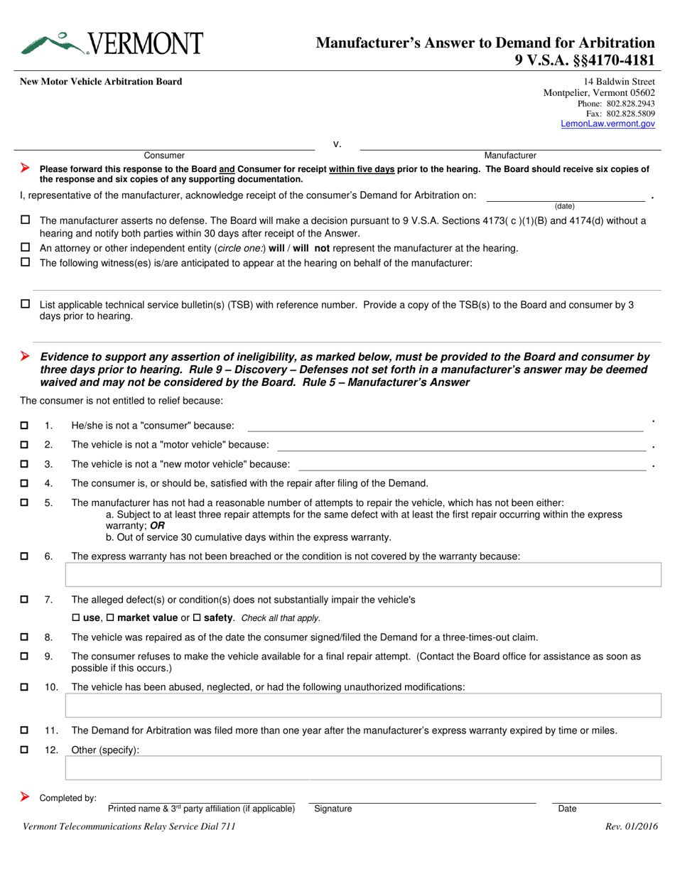 Vermont Manufacturer's Answer to Demand for Arbitration - Fill Out ...