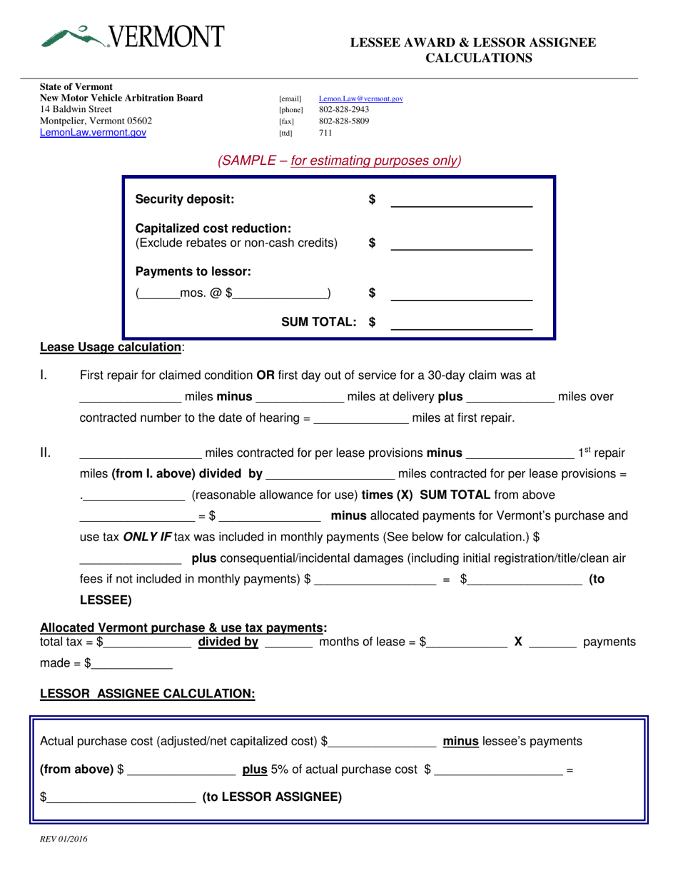 Vermont Lessee Award & Lessor Assignee Calculations - Fill Out, Sign ...
