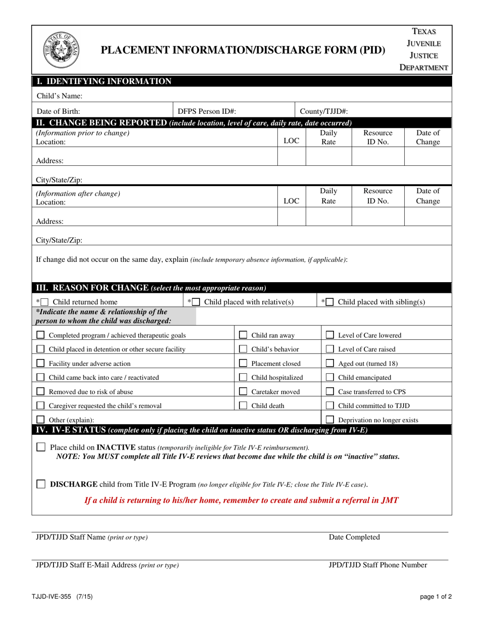 Form TJJD-IVE-355 - Fill Out, Sign Online and Download Fillable PDF, Texas | Templateroller