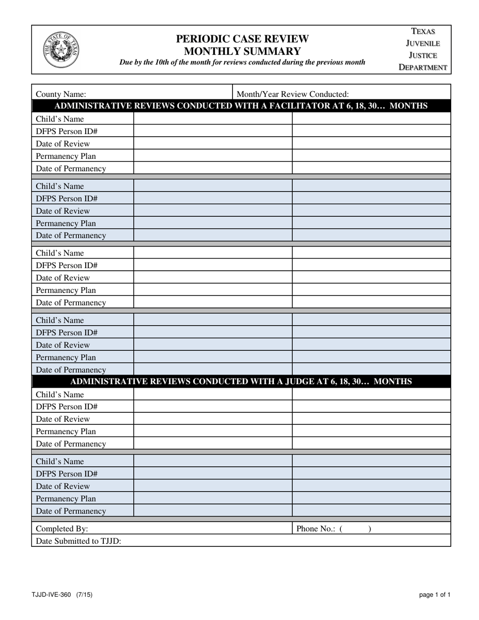 Form TJJD-IVE-360 - Fill Out, Sign Online and Download Fillable PDF ...