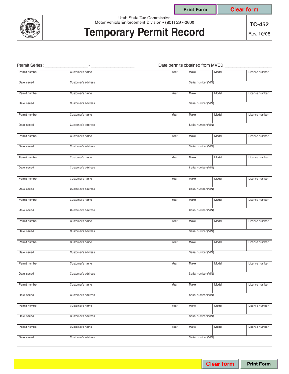 Form TC-452 - Fill Out, Sign Online and Download Fillable PDF, Utah ...