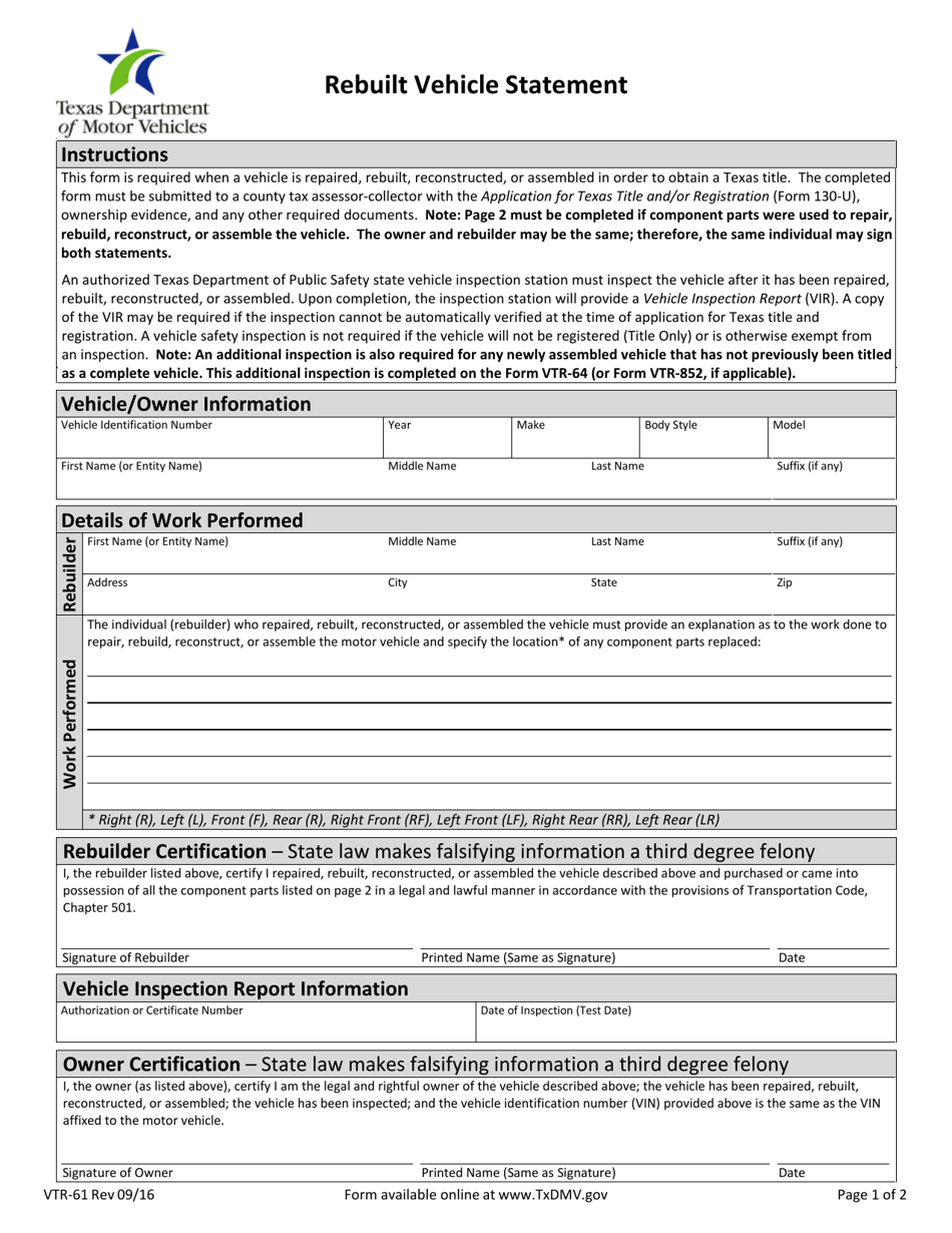 Form VTR-61 - Fill Out, Sign Online and Download Fillable PDF, Texas | Templateroller